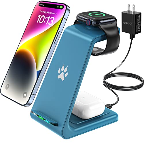 CUCICU Wireless Charger, 3 in 1 Wireless Charging Station Compatible with iPhone 14/13 Pro/13/12/11/Pro/SE/XS/XR/8 Plus,Fast Wireless Charging Stand Dock for Apple Watch, Airpods 3/2/Pro(w/Adapter)