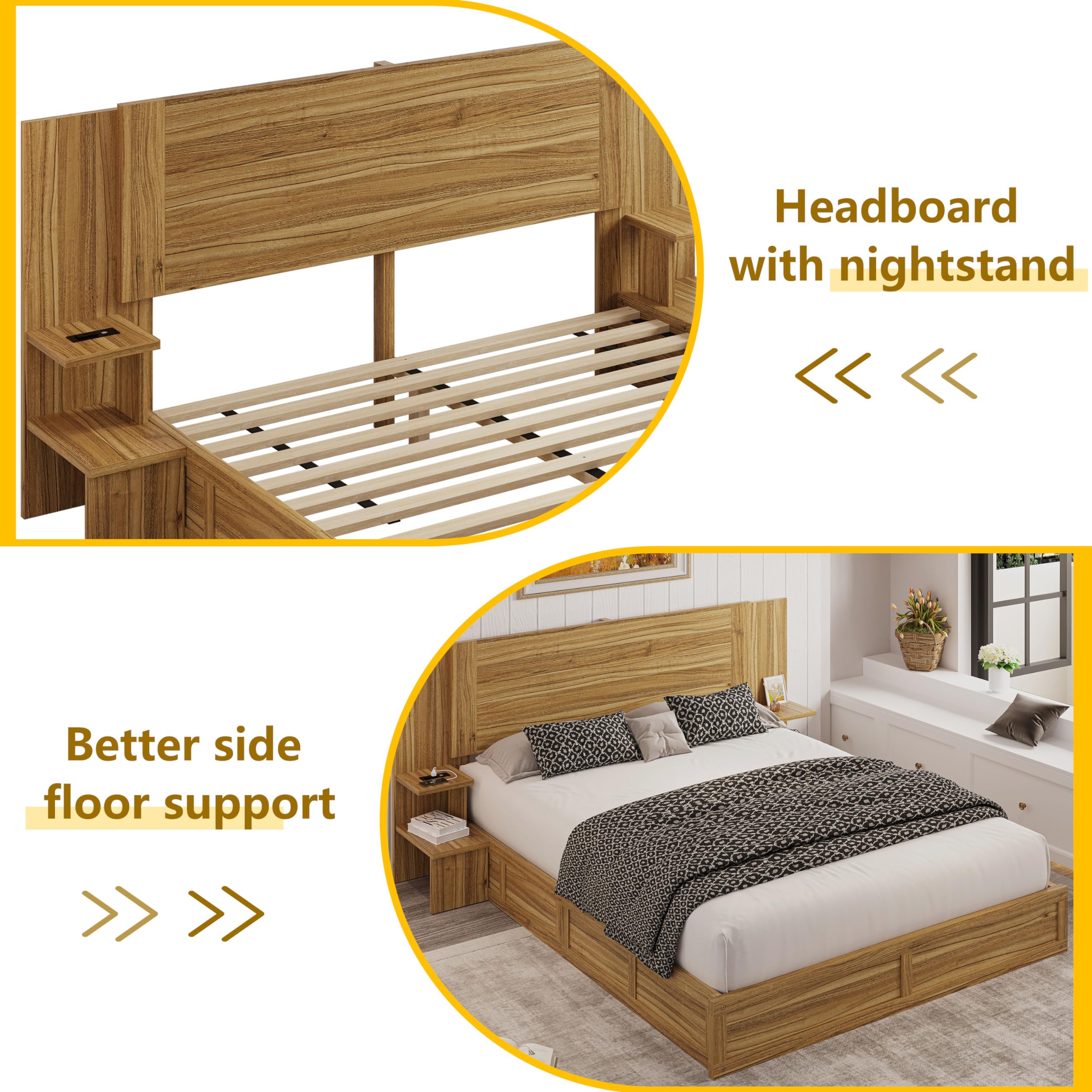 Queen Bed Frame with Rechargeable Nightstand, Wooden Platform Bed with Headboard, Sturdy and Noiseless, No Box Springs Needed, Easy to Assemble, Rustic Wood