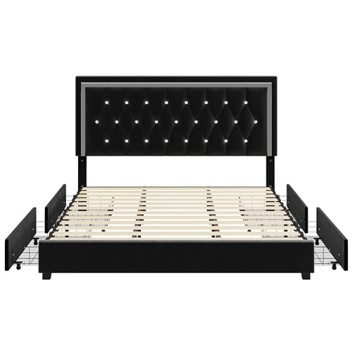 HITHOS Queen Size Bed Frame with 4 Storage Drawers and Adjustable Headboard, Modern Upholstered Platform Bed with Wood Slat Support, Diamond Button Tufted Design, No Box Spring Needed (Black, Queen)