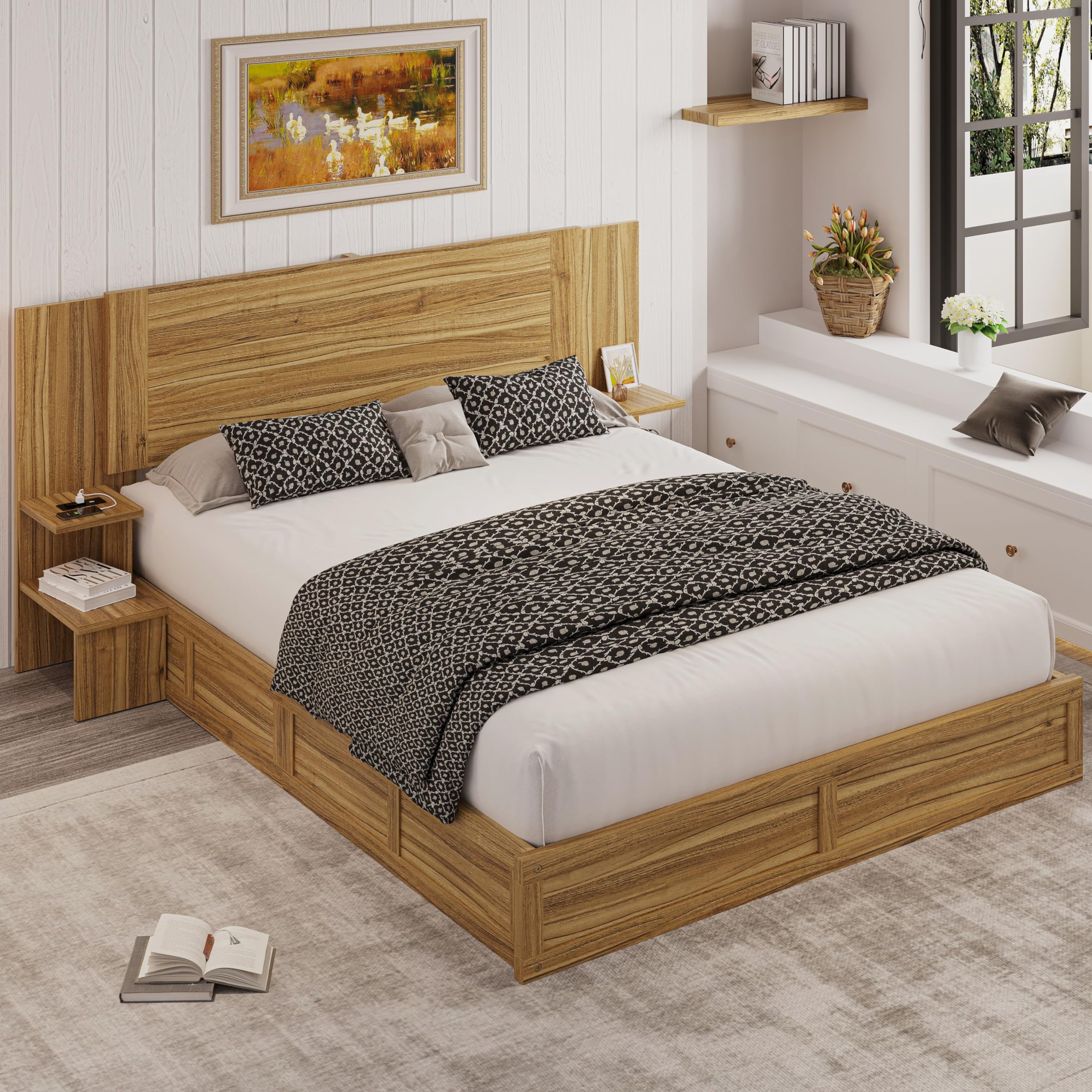 Queen Bed Frame with Rechargeable Nightstand, Wooden Platform Bed with Headboard, Sturdy and Noiseless, No Box Springs Needed, Easy to Assemble, Rustic Wood