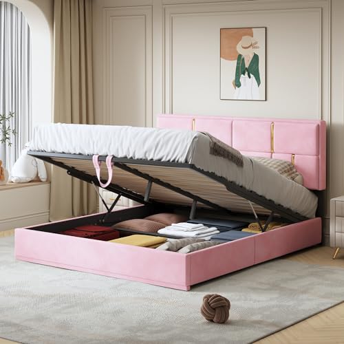 CJLMN Upholstered Platform Bed Grounded Bed, Wood Queen Size Platform Bed Frame with Hydraulic Storage System and Gold Decor Headboard, Kids Adults Bedroom Furniture Floor Bed Storage Bed (Pink Bed)