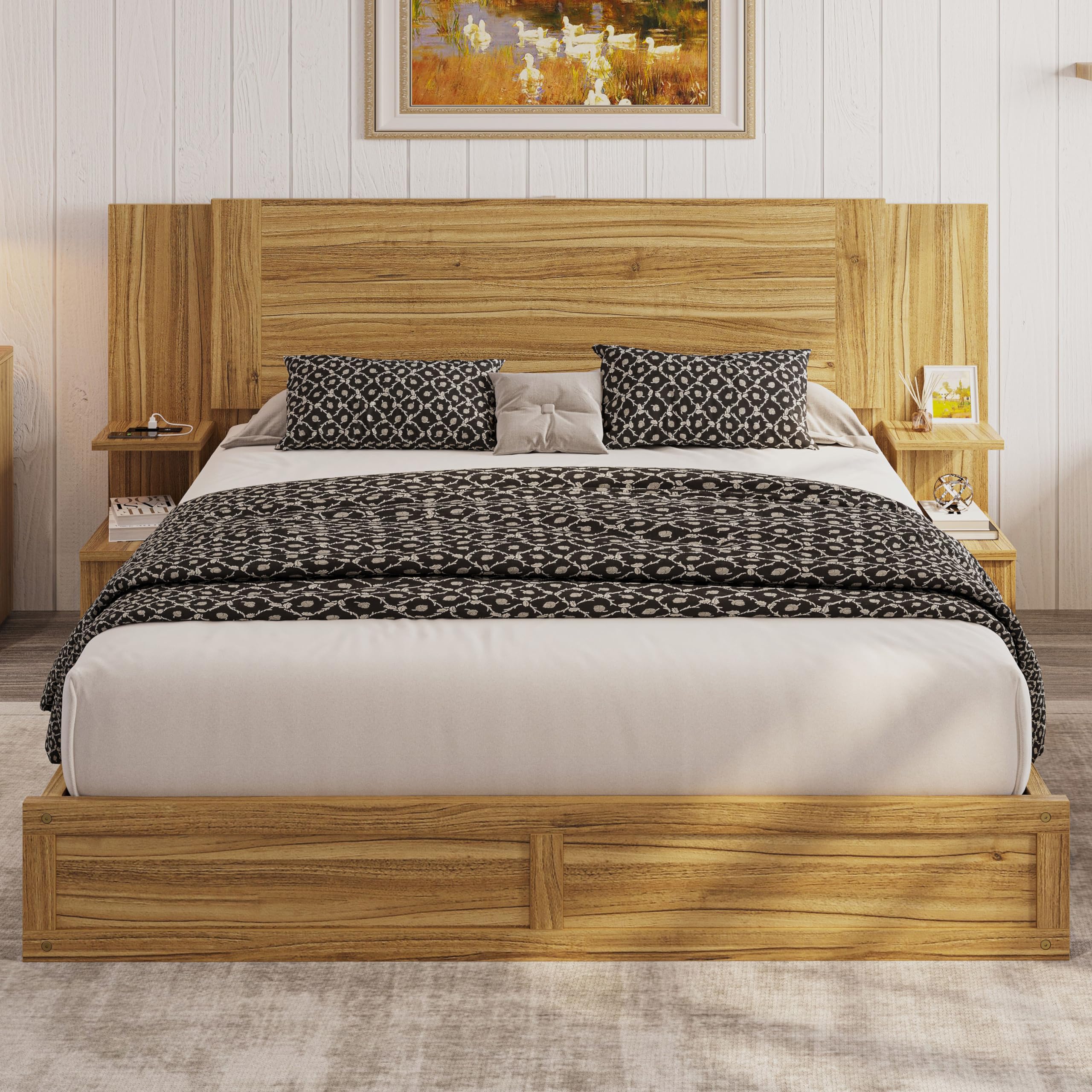 Queen Bed Frame with Rechargeable Nightstand, Wooden Platform Bed with Headboard, Sturdy and Noiseless, No Box Springs Needed, Easy to Assemble, Rustic Wood