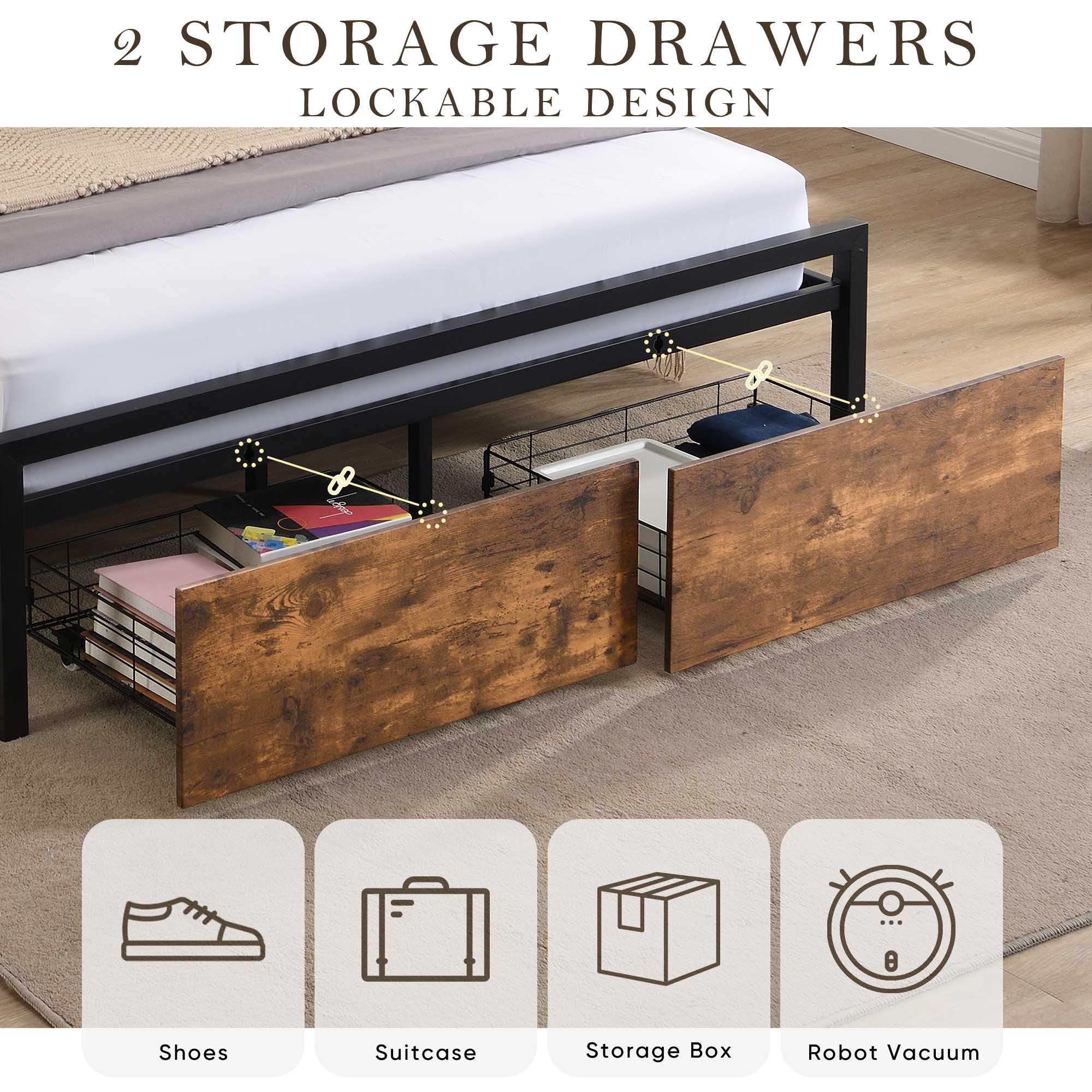 Mdhitsox Queen Bed Frame with 2 Drawers and Charging Station, Industrial Platform Bed with LED Lights, Metal Slats Support, Mattress Foundation, No Noise, No Box Spring Needed, Easy Assembly, Brown