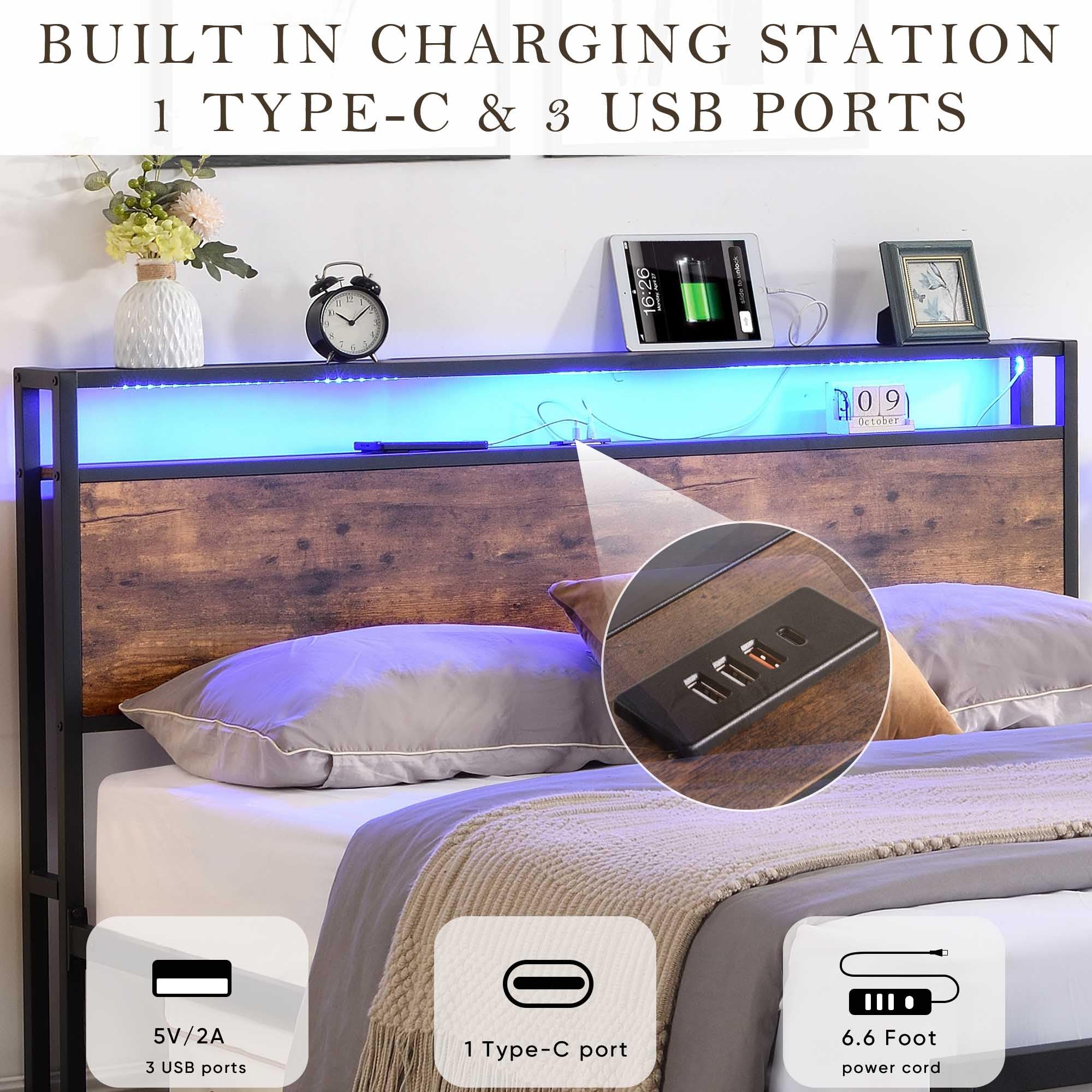 Mdhitsox Queen Bed Frame with 2 Drawers and Charging Station, Industrial Platform Bed with LED Lights, Metal Slats Support, Mattress Foundation, No Noise, No Box Spring Needed, Easy Assembly, Brown
