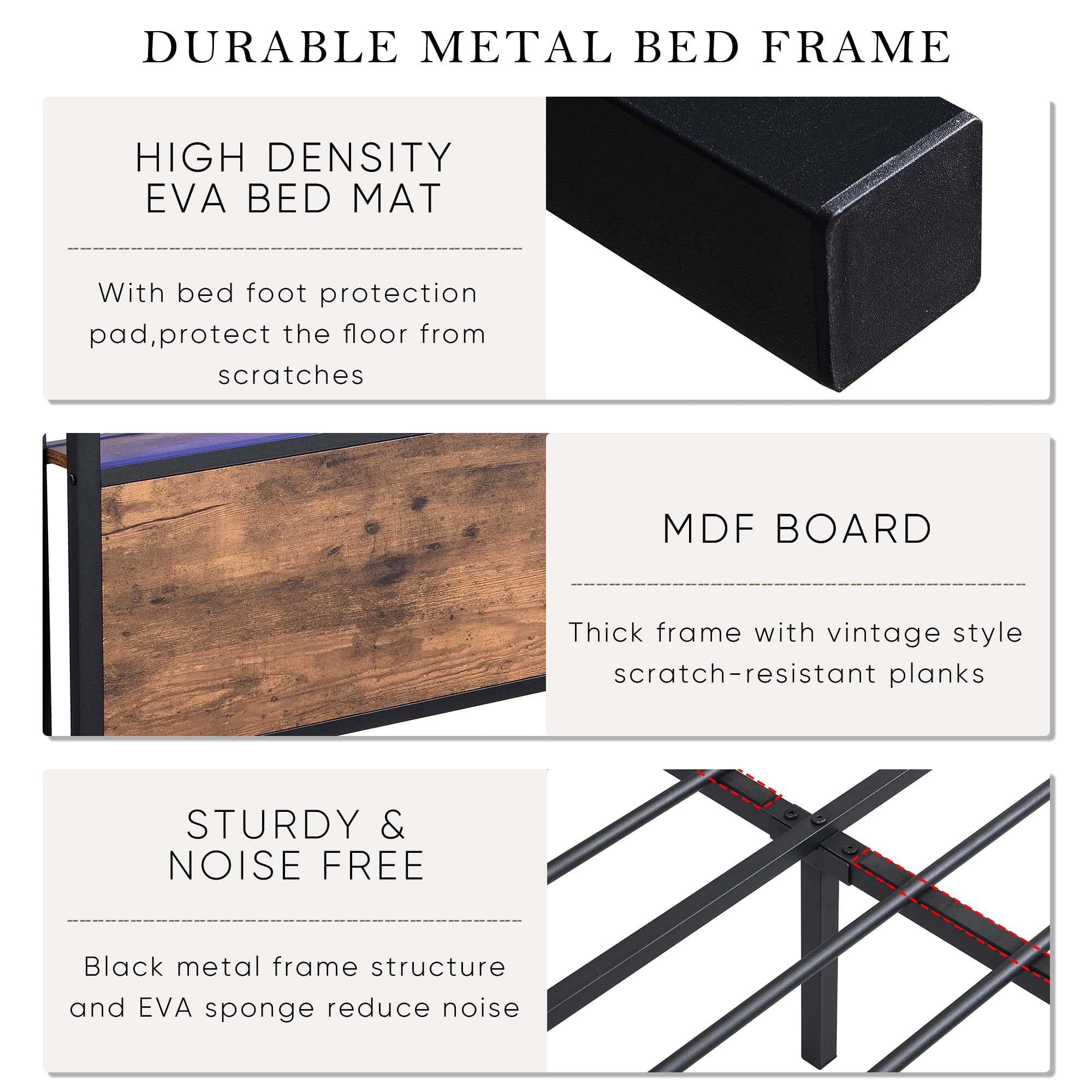 Mdhitsox Queen Bed Frame with 2 Drawers and Charging Station, Industrial Platform Bed with LED Lights, Metal Slats Support, Mattress Foundation, No Noise, No Box Spring Needed, Easy Assembly, Brown