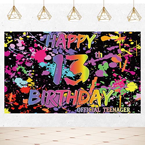 Joyiou Glow in The Dark Happy 13th Birthday Decorations Backdrop Banner for Girls Boys, Official Teenager Paint Splatter Graffiti Birthday Party Colorful Neon Sign Supplies Photo Booth Props (5x3ft)