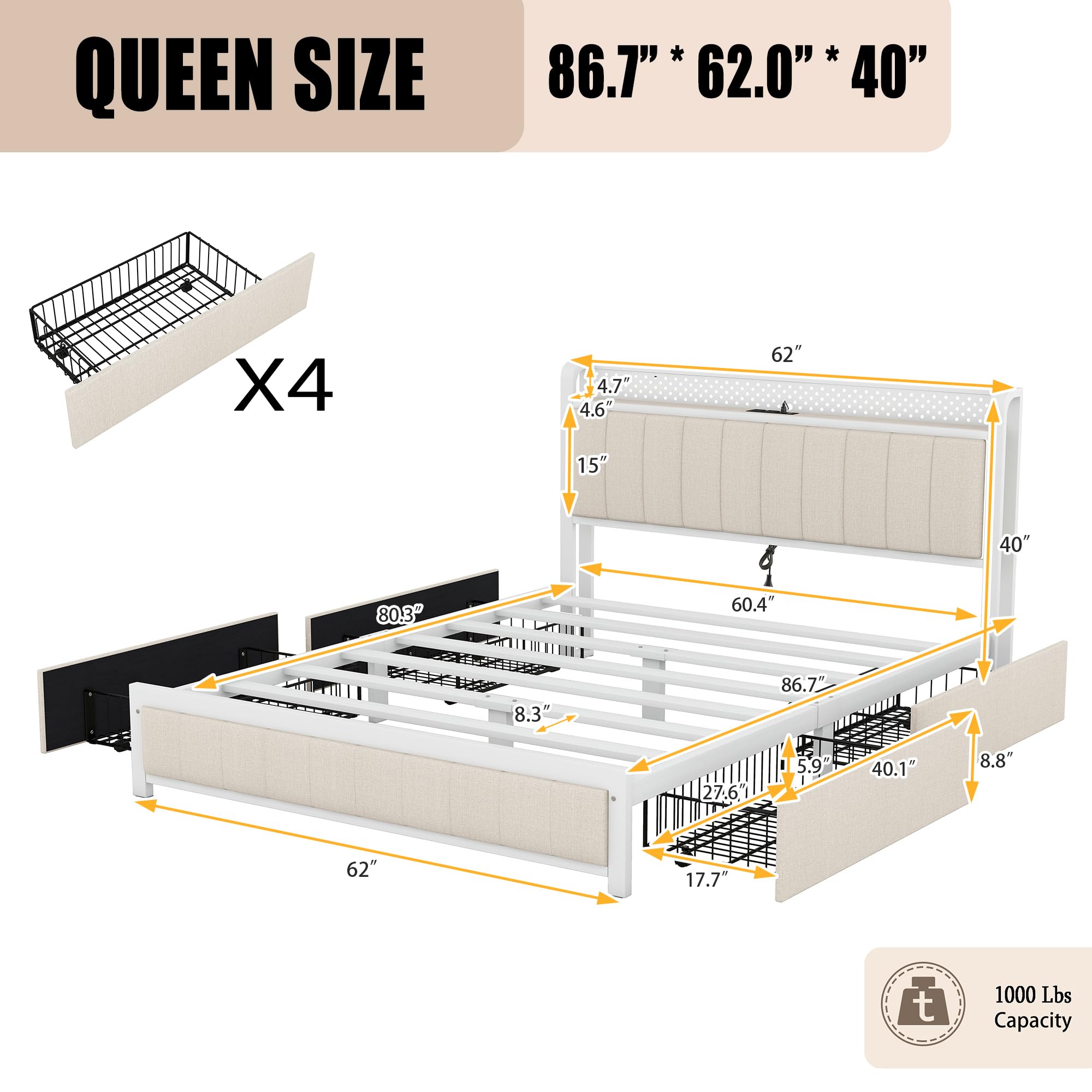 SAMTRA Queen Size Bed Frame with Storage Headboard & 4 Drawers, Upholstered Boho Metal Platform Bedframe with LED Lights & Charging Station, Easy Assembly, Beige White