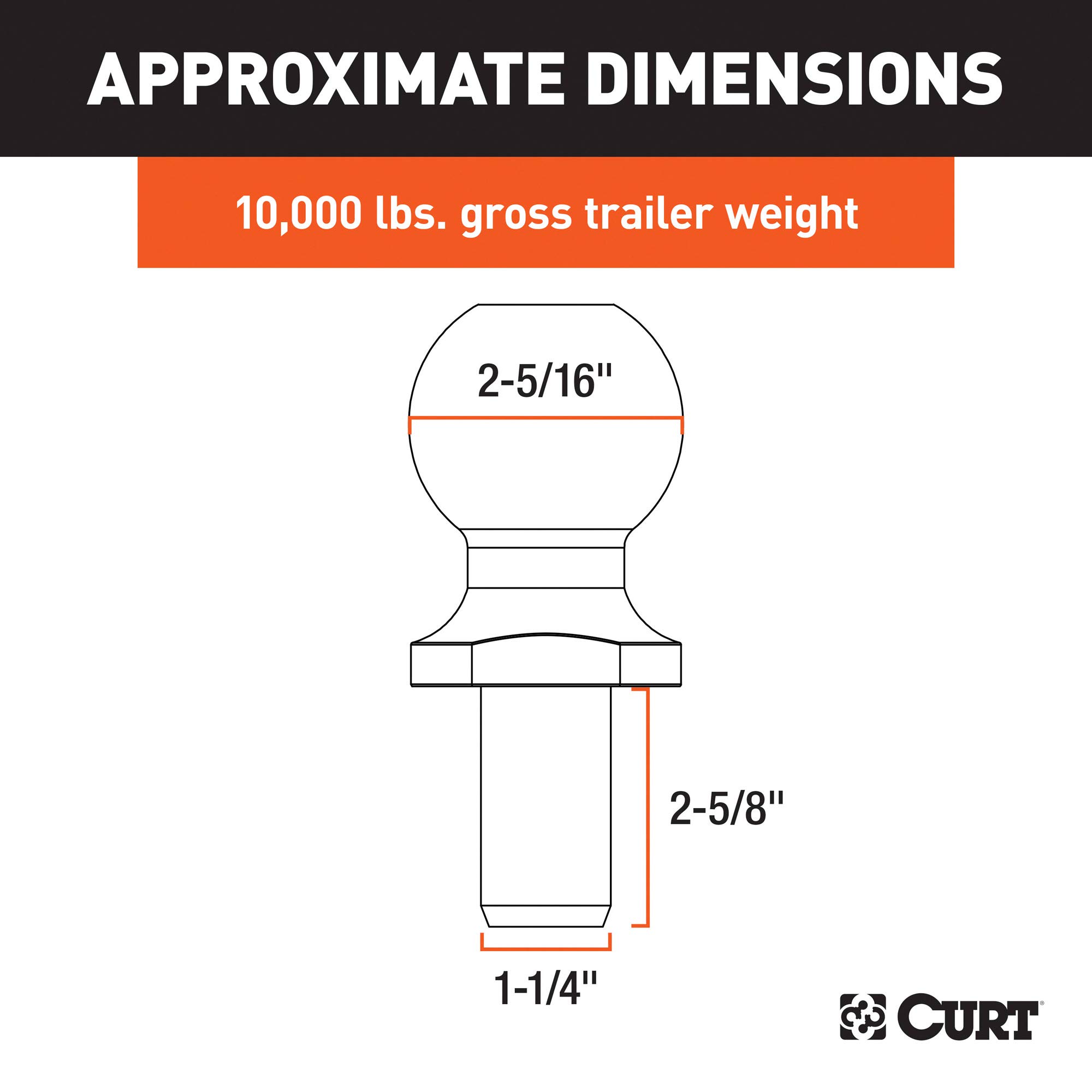 CURT 40006 Chrome Trailer Hitch Ball, 10,000 lbs, 2-5/16-Inch Diameter, 1-1/4 x 2-5/8-Inch Shank