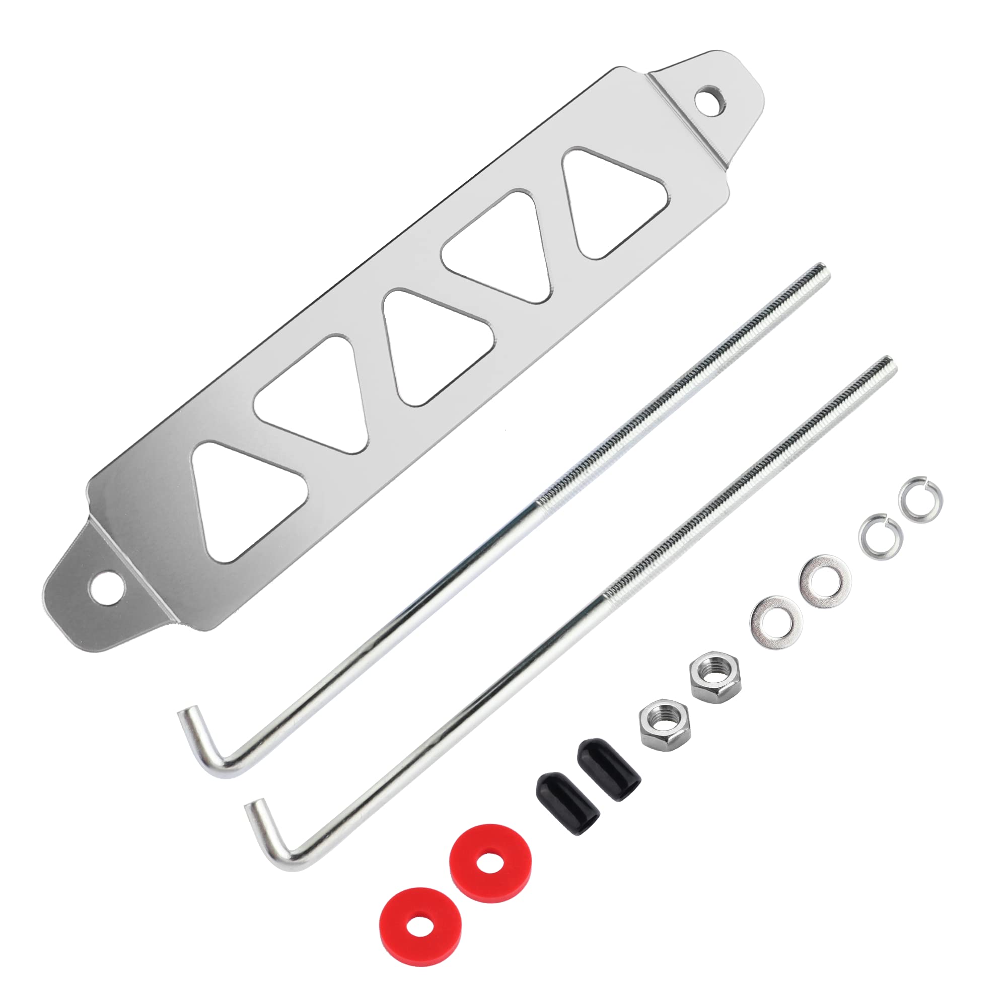 Battery Hold Down Bracket,Premium Aluminum Alloy Battery Tie Down Sets Provide Safe&Stable Driving Environment,Universal Car Battery Holder with 8" Stainless Steel J Bolts (Silver)