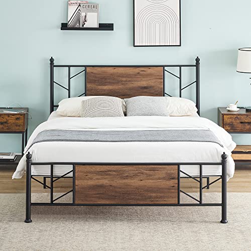 GAOMON 12.6 Inch Queen Size Bed Frame, Metal Platform Bed Frame with Wooden Headboard and Footboard, Mattress Foundation, No Box Spring Needed, No Box Spring Needed, Noise Free (Queen)