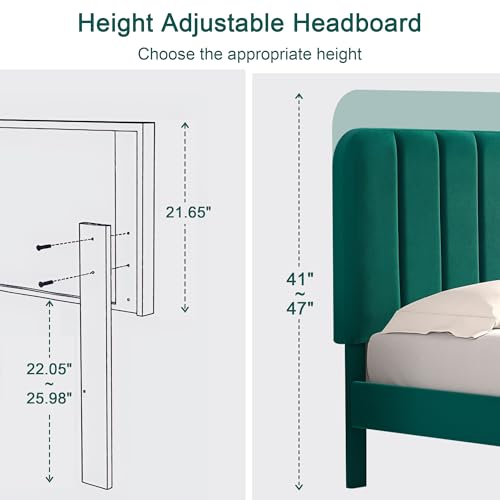 VECELO Queen Size Bed Frame with Adjustable Headboard, Velvet Heavy Duty Platform Beds with Strong Wood Slats Support, No Box Spring Needed, Green