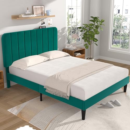 VECELO Queen Size Bed Frame with Adjustable Headboard, Velvet Heavy Duty Platform Beds with Strong Wood Slats Support, No Box Spring Needed, Green