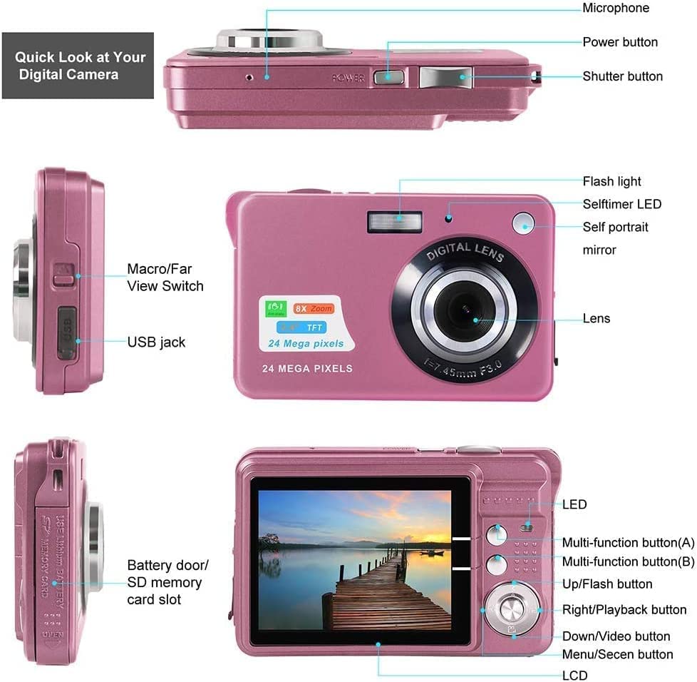Digital Camera,2.4 Inch FHD Pocket Cameras Rechargeable 24MP Camera for Backpacking, 8X Digital Zoom Compact Cameras for Photography, sd Card 32GB