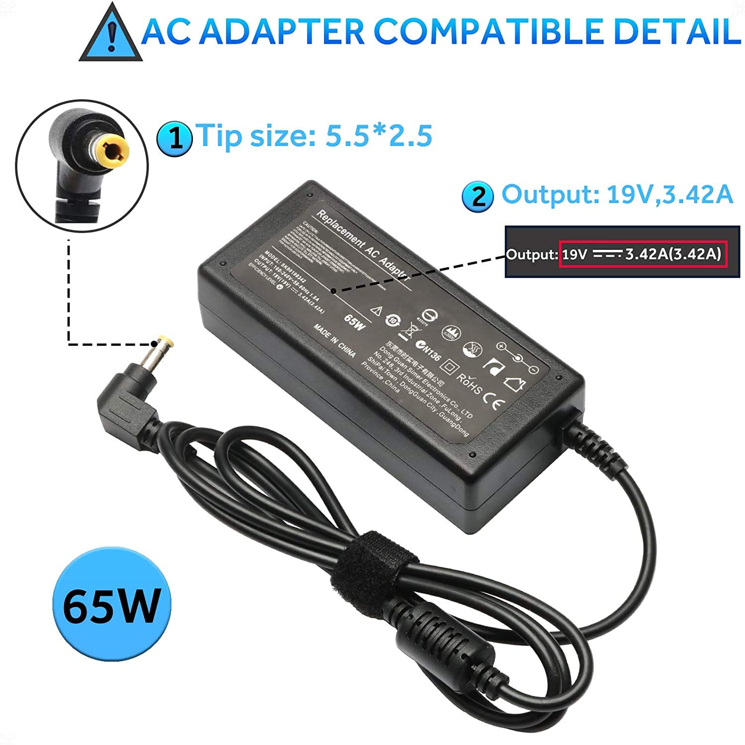 AC Adapter Charger for Toshiba Satellite C55D-B5214, C55D-B5310, C55D-B5241; C55D-B5242, C55Dt-B5245, C55DT-A5162; C75D-B7300, C75D-B7230, E45-B4200
