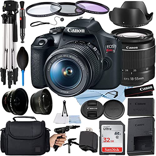 Canon EOS Rebel T7 DSLR Camera 24.1MP with EF-S 18-55mm Lens + A-Cell Accessory Bundle Includes: Telephoto + Wide Angle Lenses + SanDisk 32GB Memory Card + Much More (Renewed)