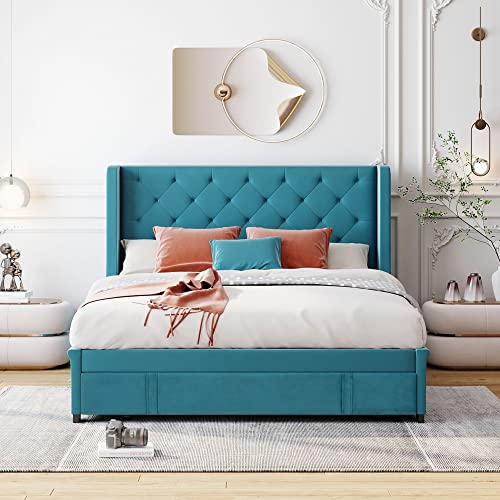 HAUSHECK Upholstered Bed Frame Queen Size with Big Drawer and Classic Button Tufted Wingback Headboard, Modern Platform Bed Frame w/Wooden Slats Support Mattress Foundation, No Box Spring Needed