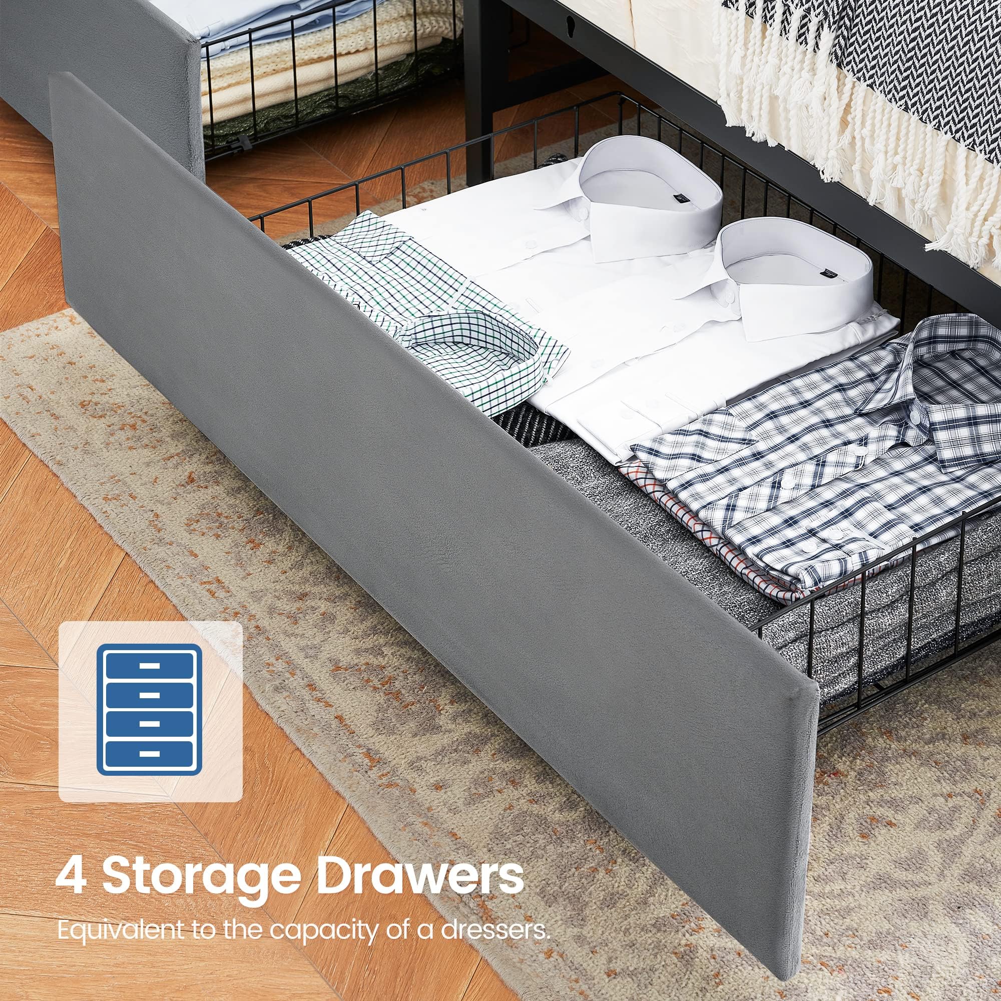 GAOMON Queen Size Bed Frame with 4 Storage Drawers and Charging Station, Upholstered Velet Platform Bed Frame with Storage Headboard and Sturdy Wooden Slats Support, No Box Spring Needed (Queen)
