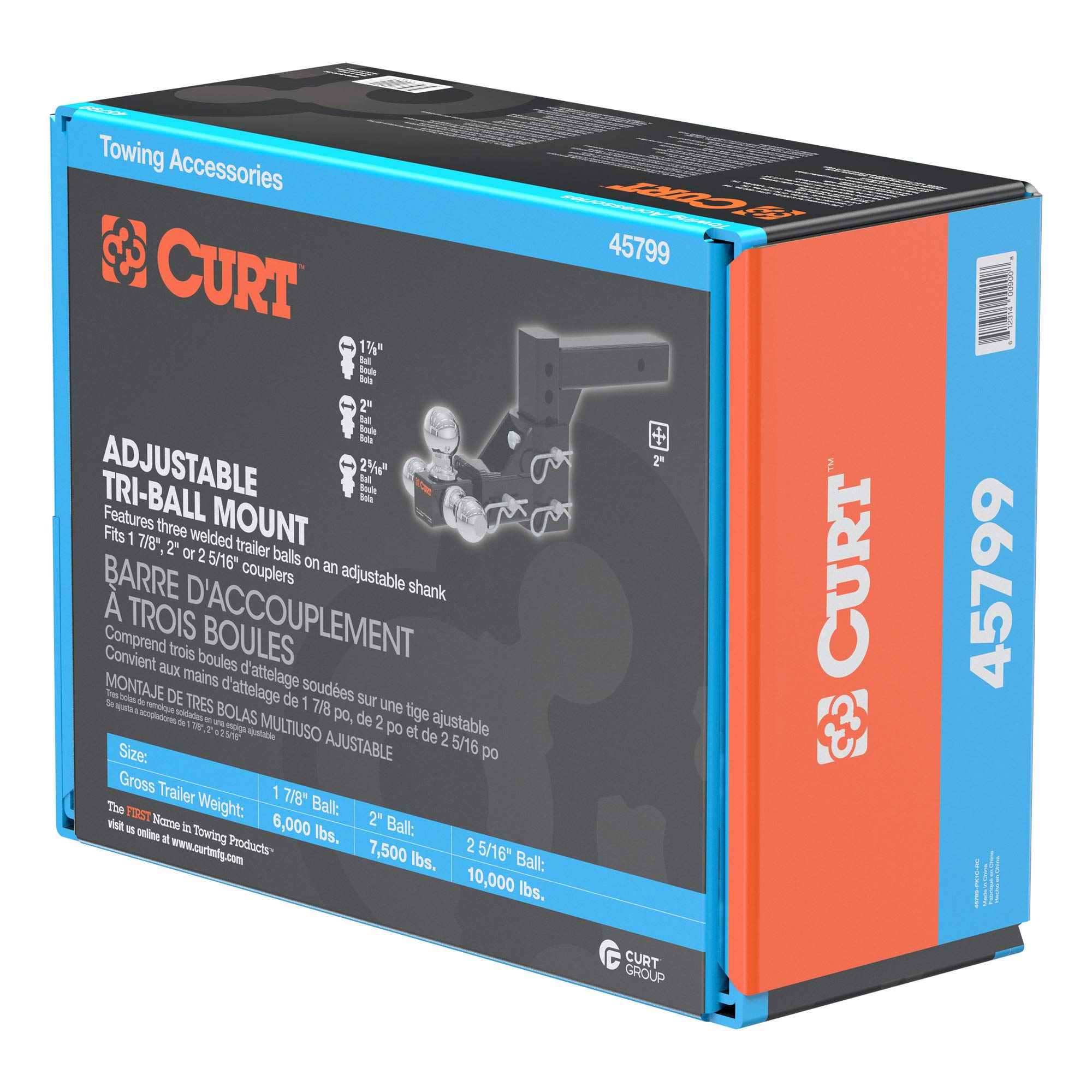 CURT 45799 Adjustable Trailer Hitch Ball Mount, Fits 2-Inch Receiver, 5-3/4-Inch Drop, 1-7/8, 2, 2-5/16-Inch Balls, 10,000 lbs , Black
