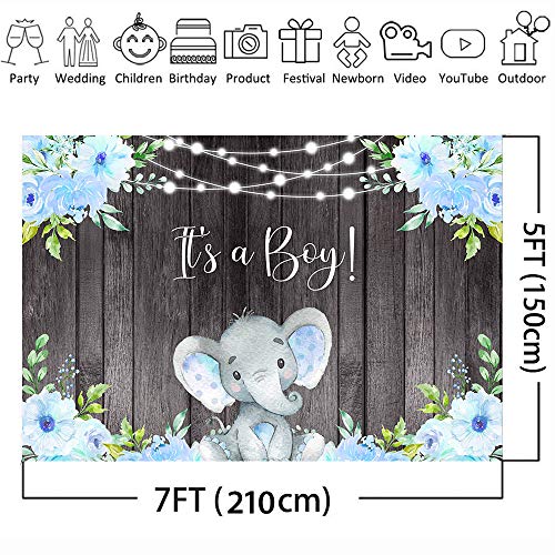 Avezano Boy Elephant Baby Shower Backdrop Blue Floral Elephant It's a Boy Background Decorations Rustic Wood Elephant Theme Baby Shower Party Banner Supplies(7x5ft)