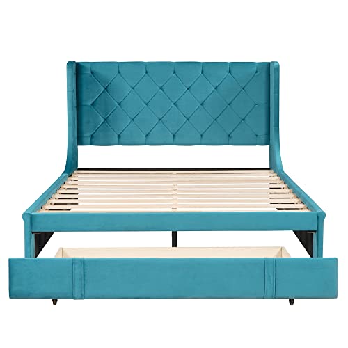HAUSHECK Upholstered Bed Frame Queen Size with Big Drawer and Classic Button Tufted Wingback Headboard, Modern Platform Bed Frame w/Wooden Slats Support Mattress Foundation, No Box Spring Needed