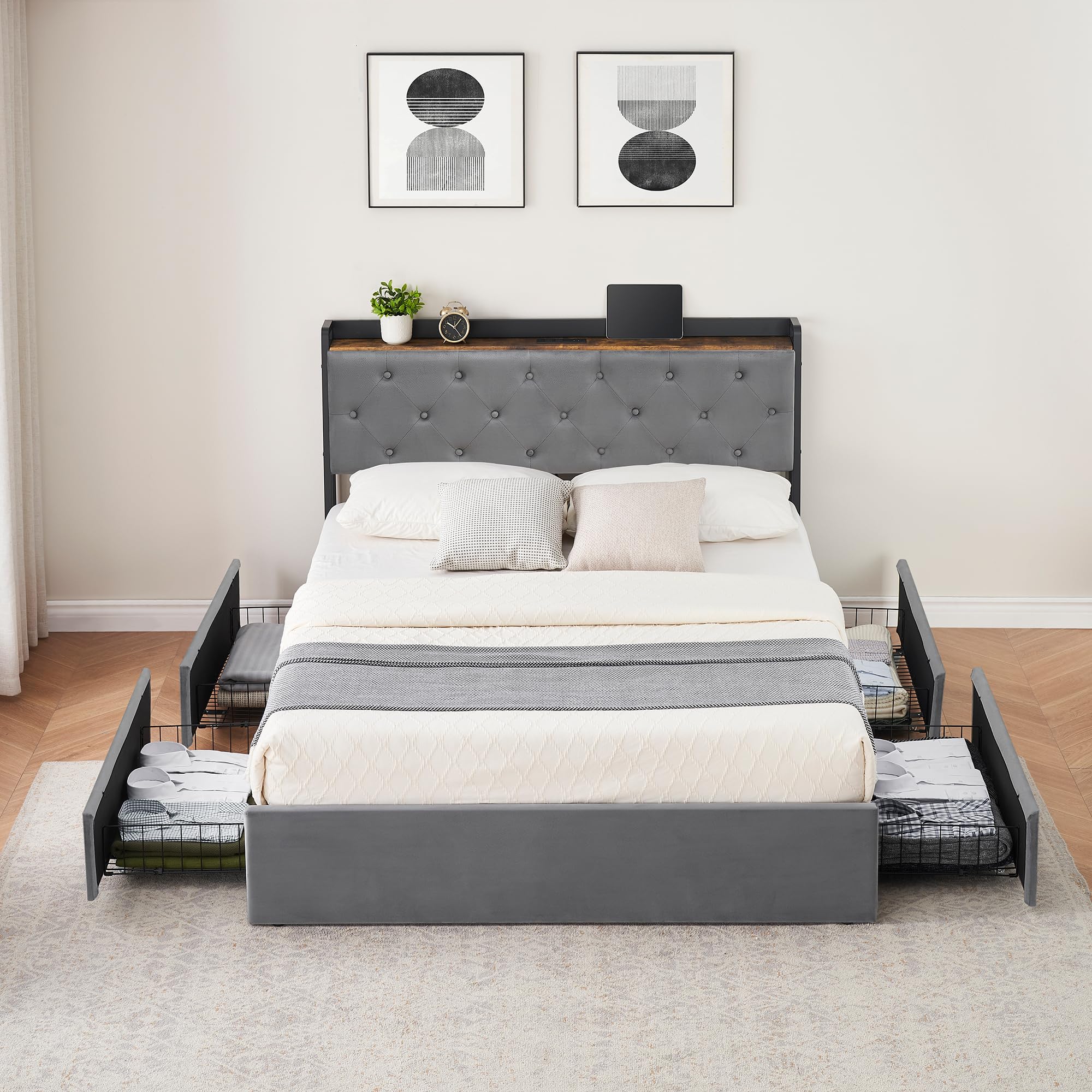 GAOMON Queen Size Bed Frame with 4 Storage Drawers and Charging Station, Upholstered Velet Platform Bed Frame with Storage Headboard and Sturdy Wooden Slats Support, No Box Spring Needed (Queen)