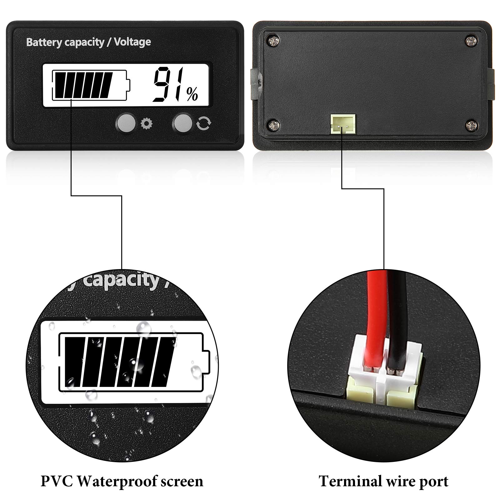 Frienda 2 Pieces DC 12V 24V 36V 48V 72V Battery Meter with Alarm, Front Setting and Switch Key, Battery Capacity Voltage Indicator Gauge, Monitors Lead-Acid and Lithium ion(White)