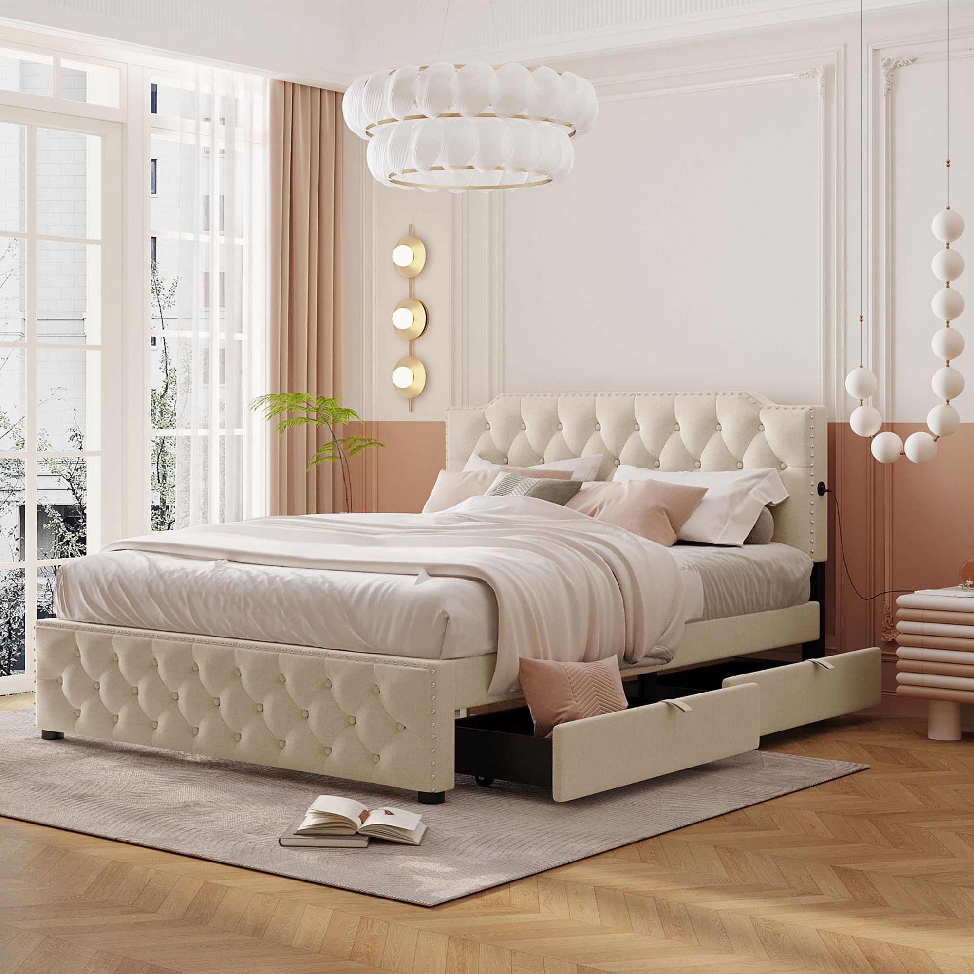 Prohon Queen Size Bed Frame w/ 2 Drawers and Two Sets USB Ports, Upholstered Platform Bed with Button Tufted Trim Headboard, Velvet Linen Wooden Bed Fram No Box Spring Needed, Beige