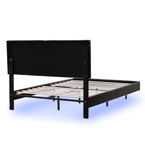 WADRI Modern Queen Size Upholstered Platform Bed, Full Size Floating Bed Frame with LED Lights and USB Charging, LED Bed Frame for Kids Teens Adults, No Box Spring Needed (Black + PU-79X)