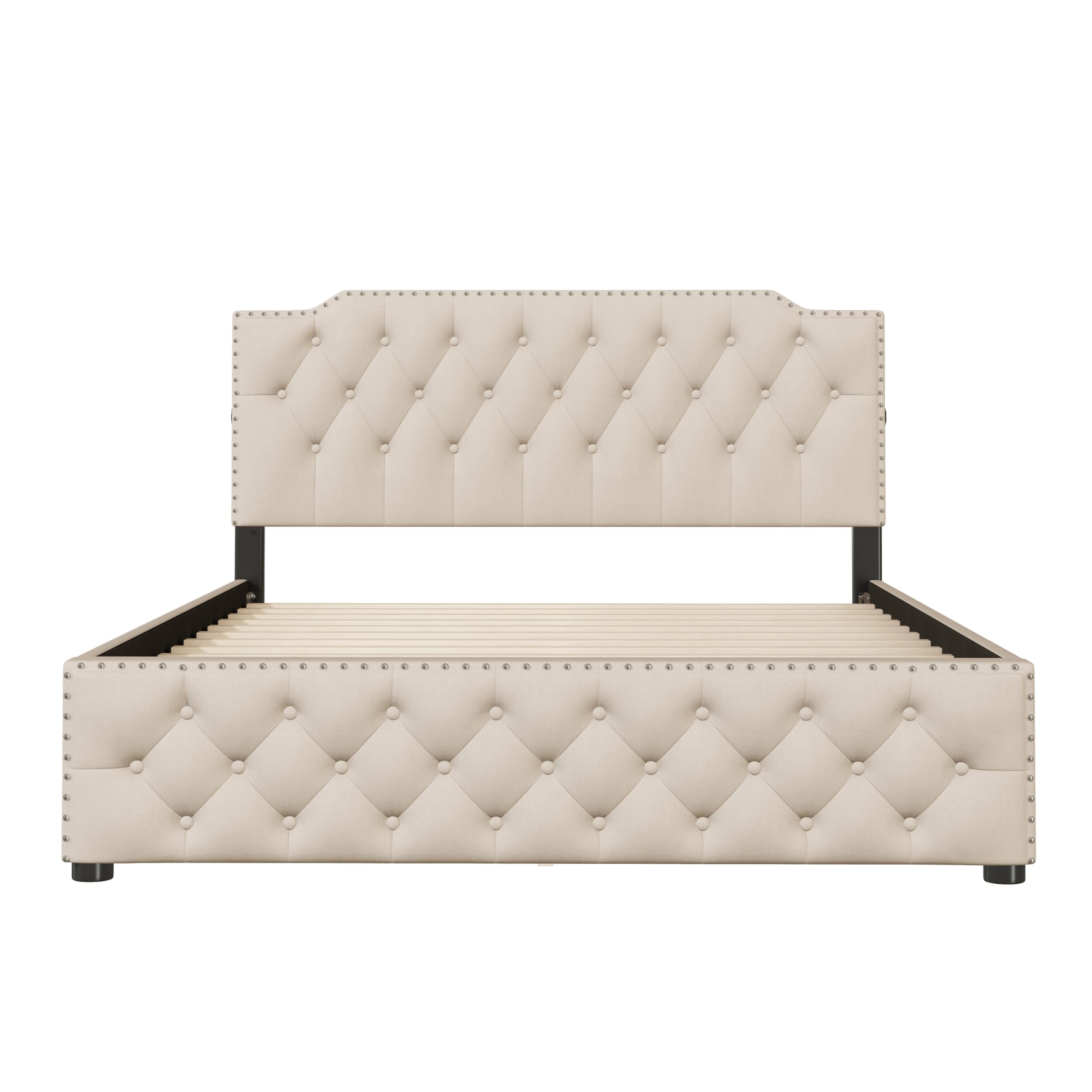 Prohon Queen Size Bed Frame w/ 2 Drawers and Two Sets USB Ports, Upholstered Platform Bed with Button Tufted Trim Headboard, Velvet Linen Wooden Bed Fram No Box Spring Needed, Beige