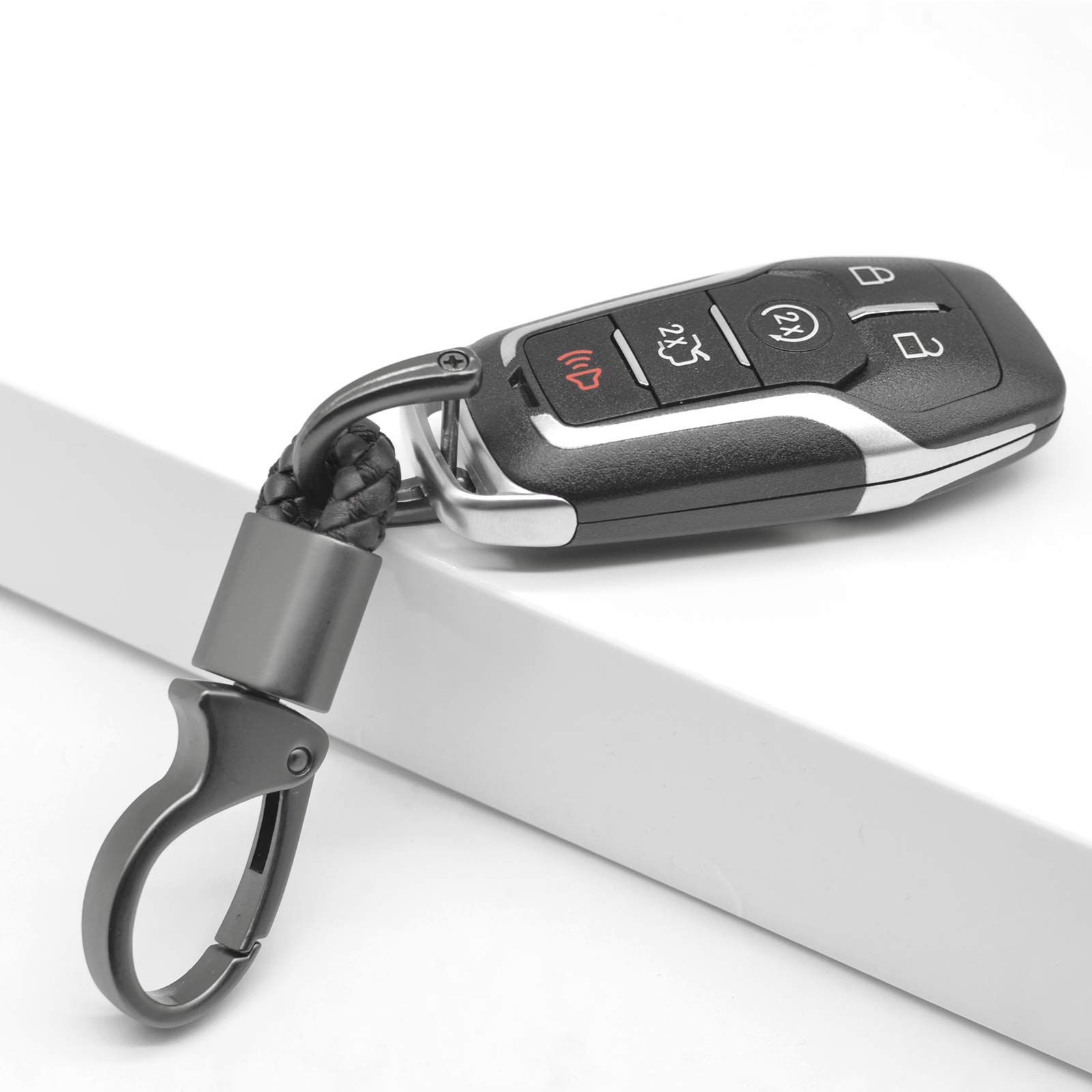 EYANBIS Car Key Fob Keychains Leather Holder Key Chain Sturdy Metal with D-Ring for Men and Women 2 Pack, Black, 360 Degree Rotatable, with Screwdriver