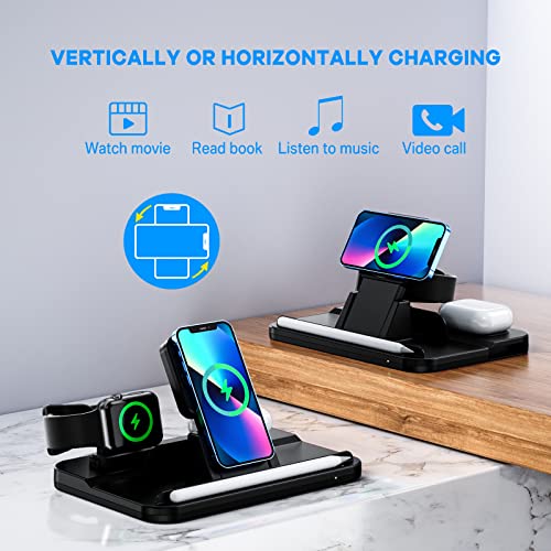 Magnetic Wireless Charger, 4 in 1 Wireless Charging Station for iPhone 14/13/12 Pro/Pro Max/Mini,Detachable Wireless Charging Stand for iWatch SE/6/5/4/3/2,Airpods 3/2/Pro,Pencil 2(With QC3.0 Adapter)