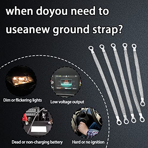 zipelo Universal Automotive Ground Strap, 6Pcs 12" Vehicle Engine Ground Cable Strap Kit, Professional Heavy Duty Braided Tinned Copper Strap for SUV Truck Most Cars (Silver2)