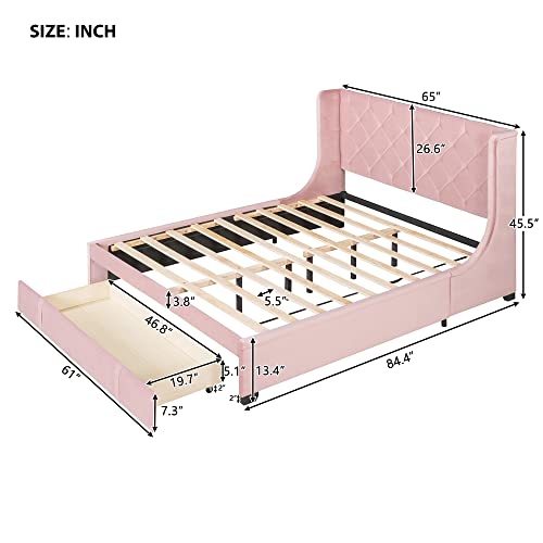 EMKK Queen Bed Frame with Storage Drawers and Wingback Headboard, Upholstered Platform Bed with Velvet Design, Strong Wooden Slats Support, No Box Spring Needed