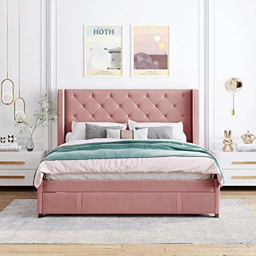 EMKK Queen Bed Frame with Storage Drawers and Wingback Headboard, Upholstered Platform Bed with Velvet Design, Strong Wooden Slats Support, No Box Spring Needed