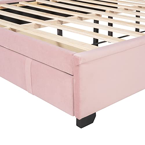 EMKK Queen Bed Frame with Storage Drawers and Wingback Headboard, Upholstered Platform Bed with Velvet Design, Strong Wooden Slats Support, No Box Spring Needed