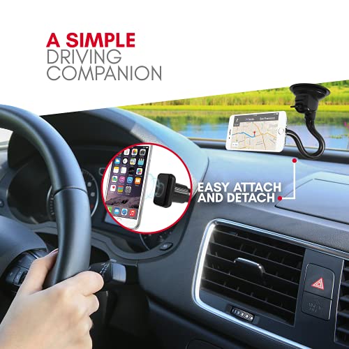 Macally Windshield Phone Mount for Car Magnetic - Suction Cup Window Mount Phone Holder with 12" Long Gooseneck Arm & Super Strong Magnet Mount for Cell Phone, iPhone, Smartphone
