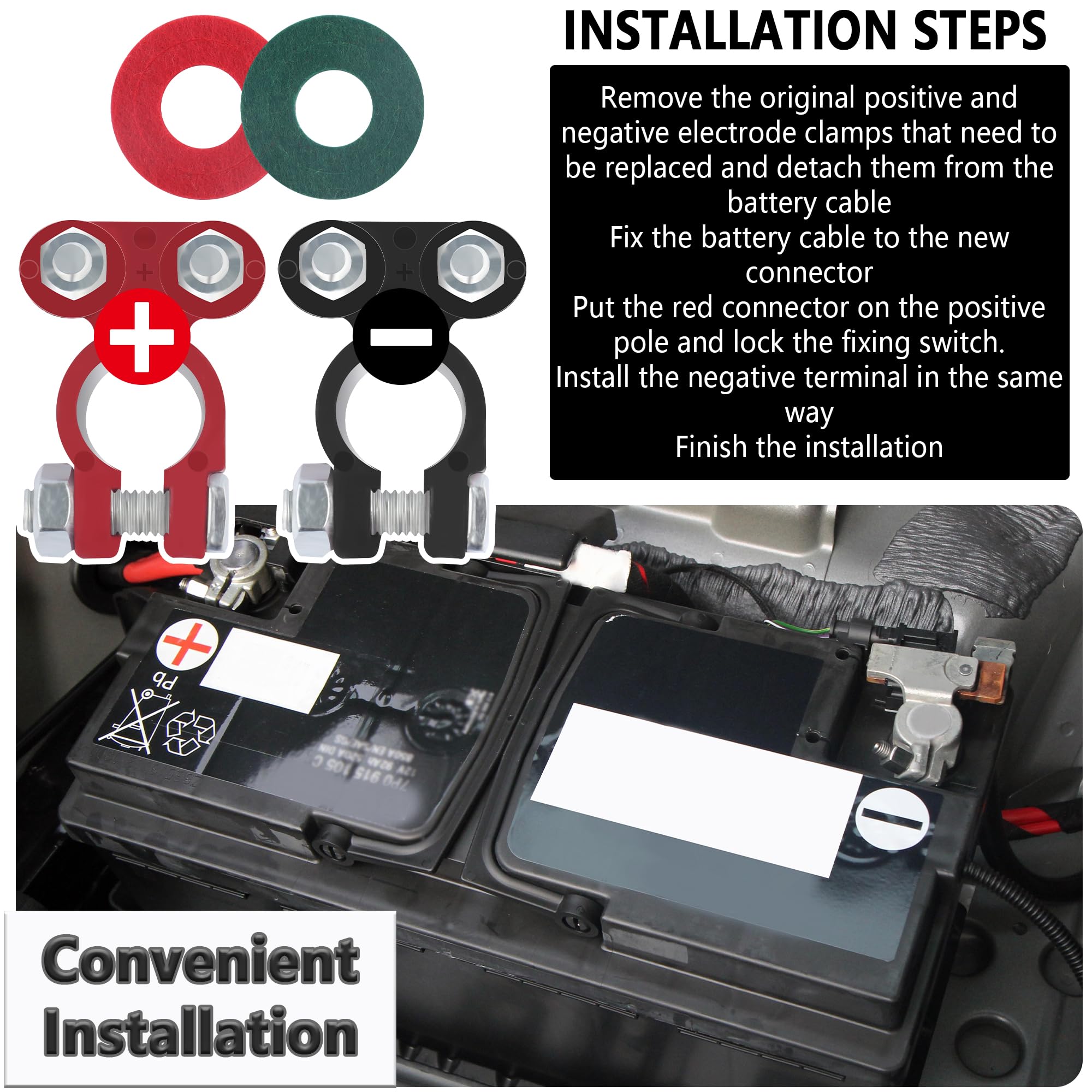 2PCS Adjustable Car Battery Terminal Connectors,Galvanized Negative/Positive Battery Terminal with Insulating Pad,Universal Automotive Replacement Battery Terminals & Ends