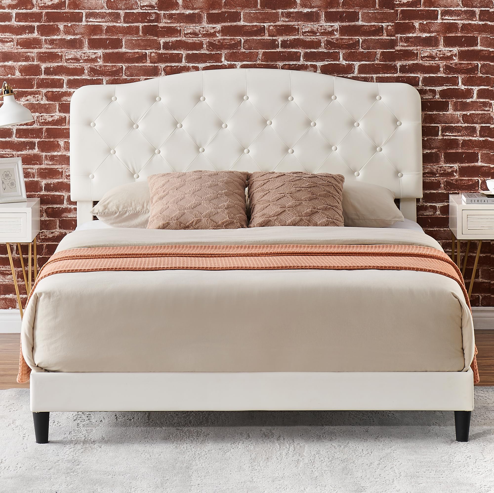 IDEALHOUSE Queen Bed Frame with Headboard Adjustable, Leather Platform Bed Upholstered Queen Size, Button Tufted Mattress Foundation, Wooden Slat Support, No Box Spring Needed, White