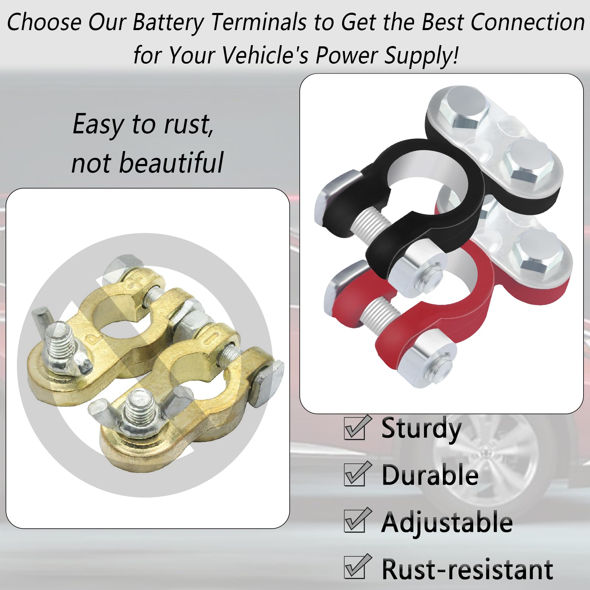 2PCS Adjustable Car Battery Terminal Connectors,Galvanized Negative/Positive Battery Terminal with Insulating Pad,Universal Automotive Replacement Battery Terminals & Ends