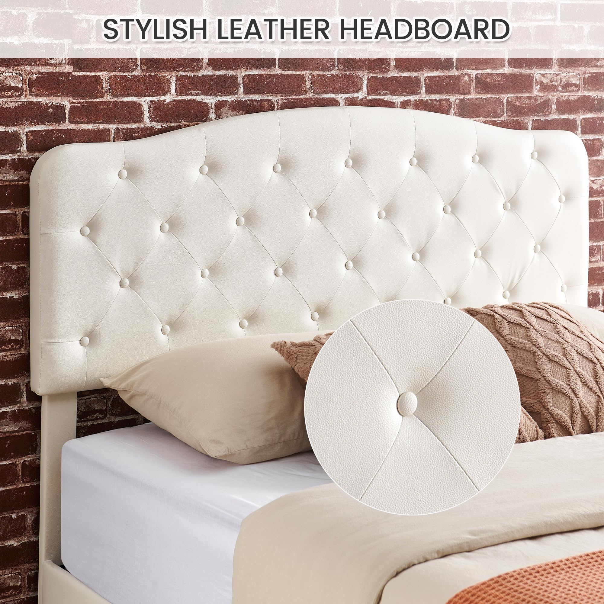 IDEALHOUSE Queen Bed Frame with Headboard Adjustable, Leather Platform Bed Upholstered Queen Size, Button Tufted Mattress Foundation, Wooden Slat Support, No Box Spring Needed, White