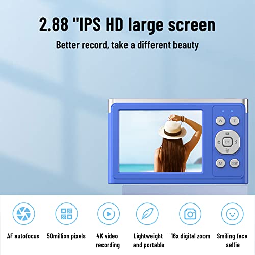 Digital Camera Photography, 1080p 50MP Vlogging Camera with 2.88 Inch LCD Screen, 16X Zoom Compact Portable Mini Rechargeable Camera, Point and Shoot Digital Cameras