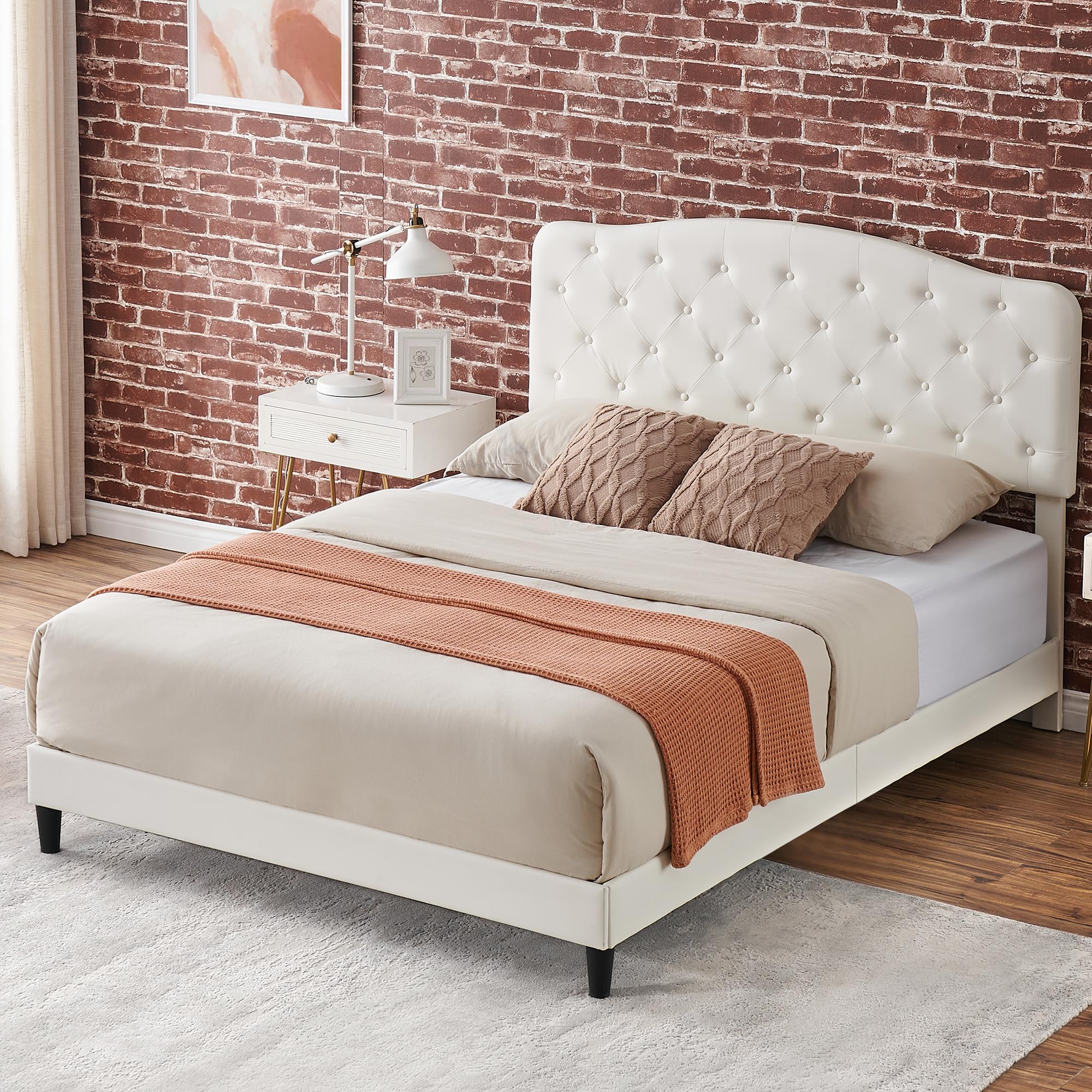 IDEALHOUSE Queen Bed Frame with Headboard Adjustable, Leather Platform Bed Upholstered Queen Size, Button Tufted Mattress Foundation, Wooden Slat Support, No Box Spring Needed, White