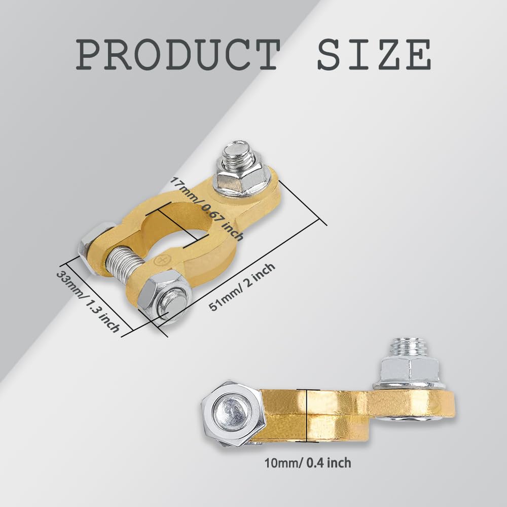 2PCS Brass Battery Terminal Connectors, Battery Cable Ends, Top Post Battery Terminals Clamp Set, Battery Terminal Adapter Car Accessories Compatible with Automotive Car Marine Battery