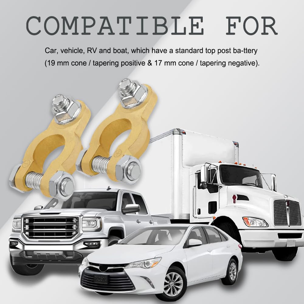 2PCS Brass Battery Terminal Connectors, Battery Cable Ends, Top Post Battery Terminals Clamp Set, Battery Terminal Adapter Car Accessories Compatible with Automotive Car Marine Battery
