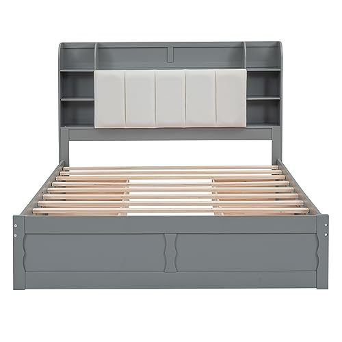 Rhomtree Queen Size Platform Bed, Storage Bed with Storage Headboard, Shelves and 4 Drawer, Wood Bed Frame, Platform Bed, No Box Spring Needed, Easy Assembly(Gray, Queen)