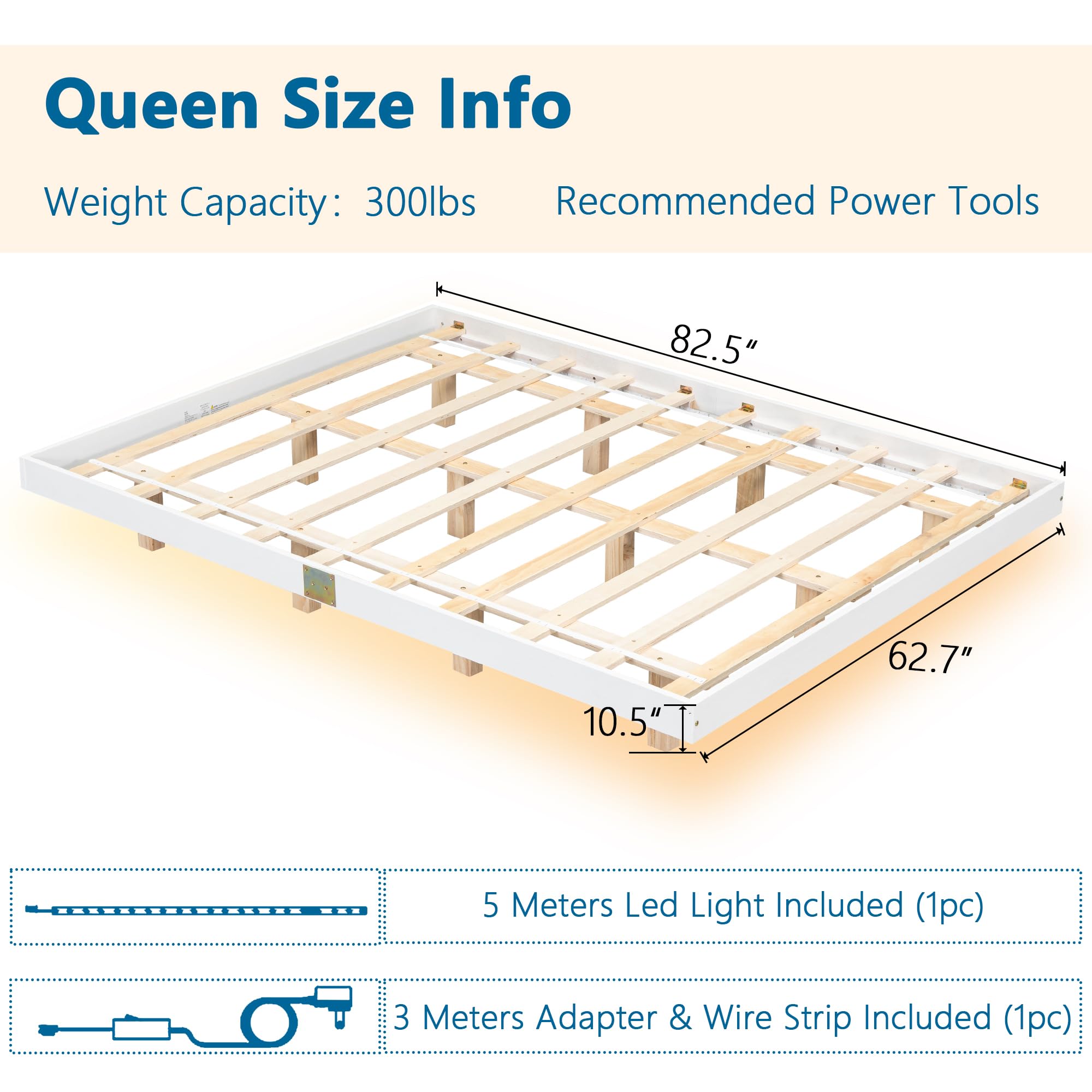 Dolonm Queen Size Bed Frame, Floating Bed Frame with LED Lights, Modern Low Profile Platform Bed Frame, Solid Pine Wood Slats Support, Noise Free, No Box Spring Needed, Easy Assembly, White