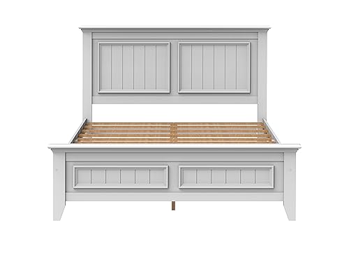 Modern Queen Size Platform Bed with Headboard ,Solid Wood Queen Bed Frame with Embellish Details,Bolivar Series Design,Country Queen Bed with Wooden Slat Support for Bedroom, White