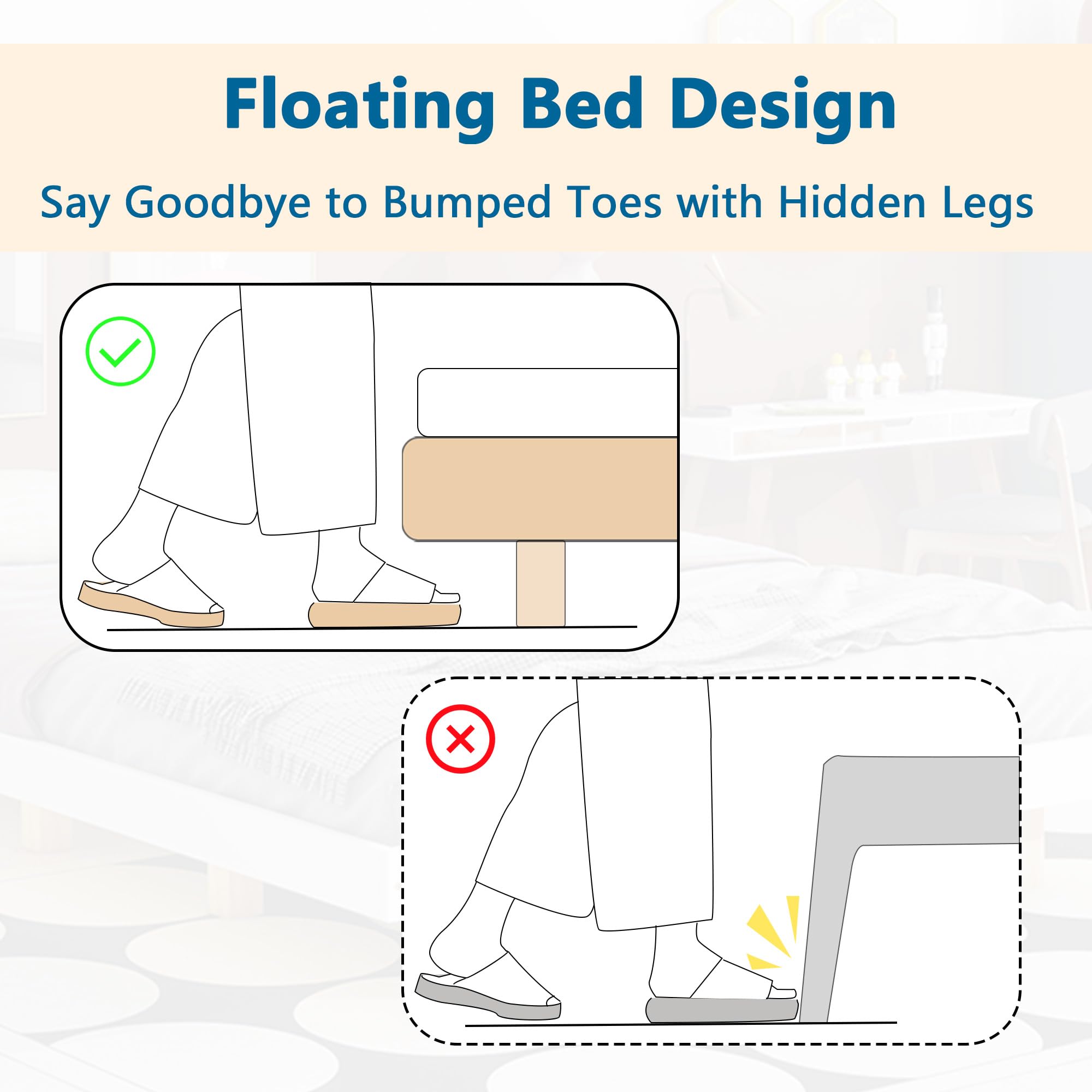 Dolonm Queen Size Bed Frame, Floating Bed Frame with LED Lights, Modern Low Profile Platform Bed Frame, Solid Pine Wood Slats Support, Noise Free, No Box Spring Needed, Easy Assembly, White