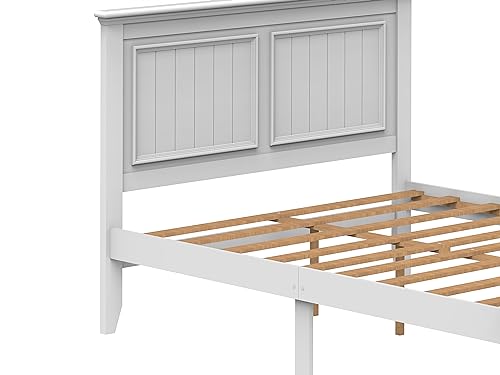 Modern Queen Size Platform Bed with Headboard ,Solid Wood Queen Bed Frame with Embellish Details,Bolivar Series Design,Country Queen Bed with Wooden Slat Support for Bedroom, White