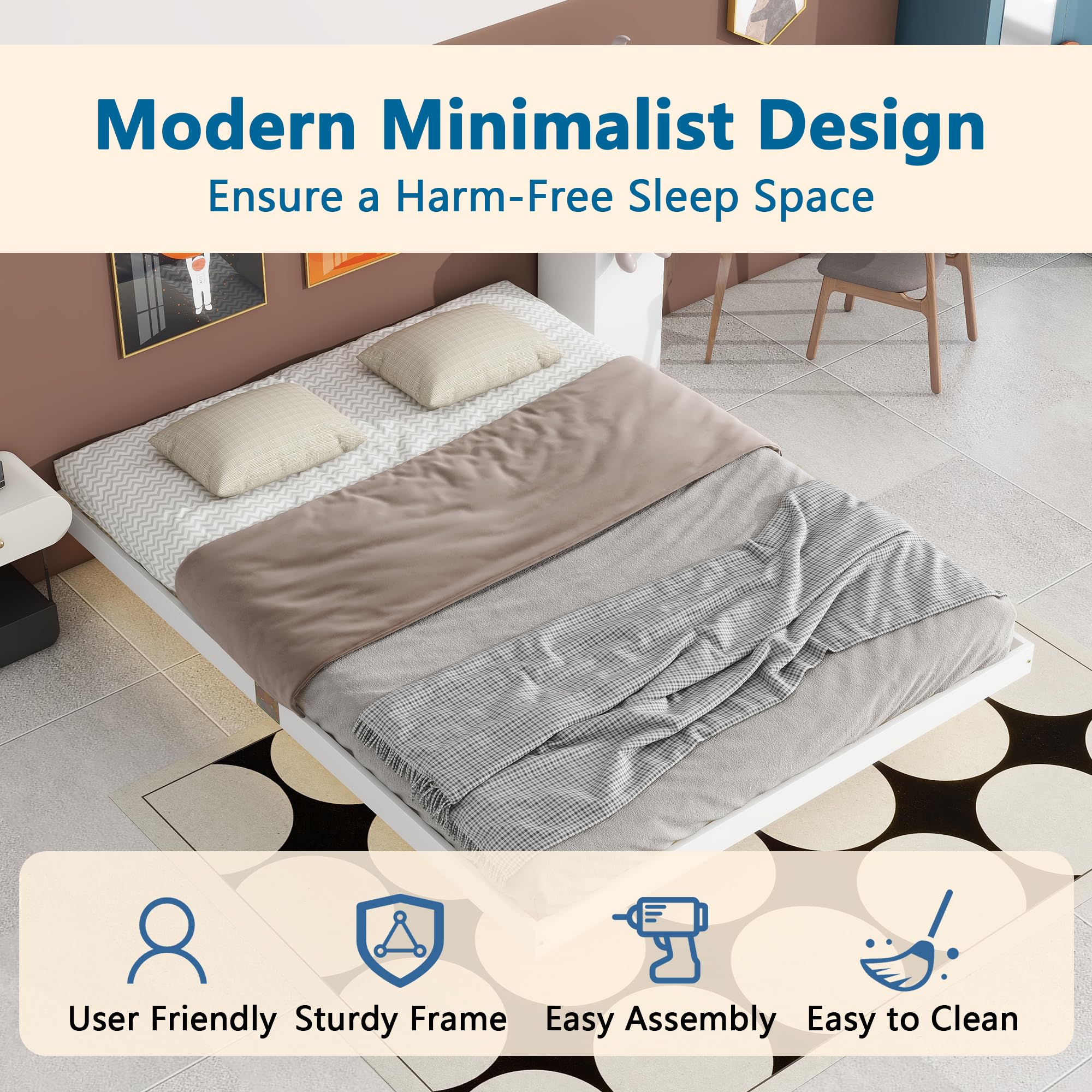 Dolonm Queen Size Bed Frame, Floating Bed Frame with LED Lights, Modern Low Profile Platform Bed Frame, Solid Pine Wood Slats Support, Noise Free, No Box Spring Needed, Easy Assembly, White
